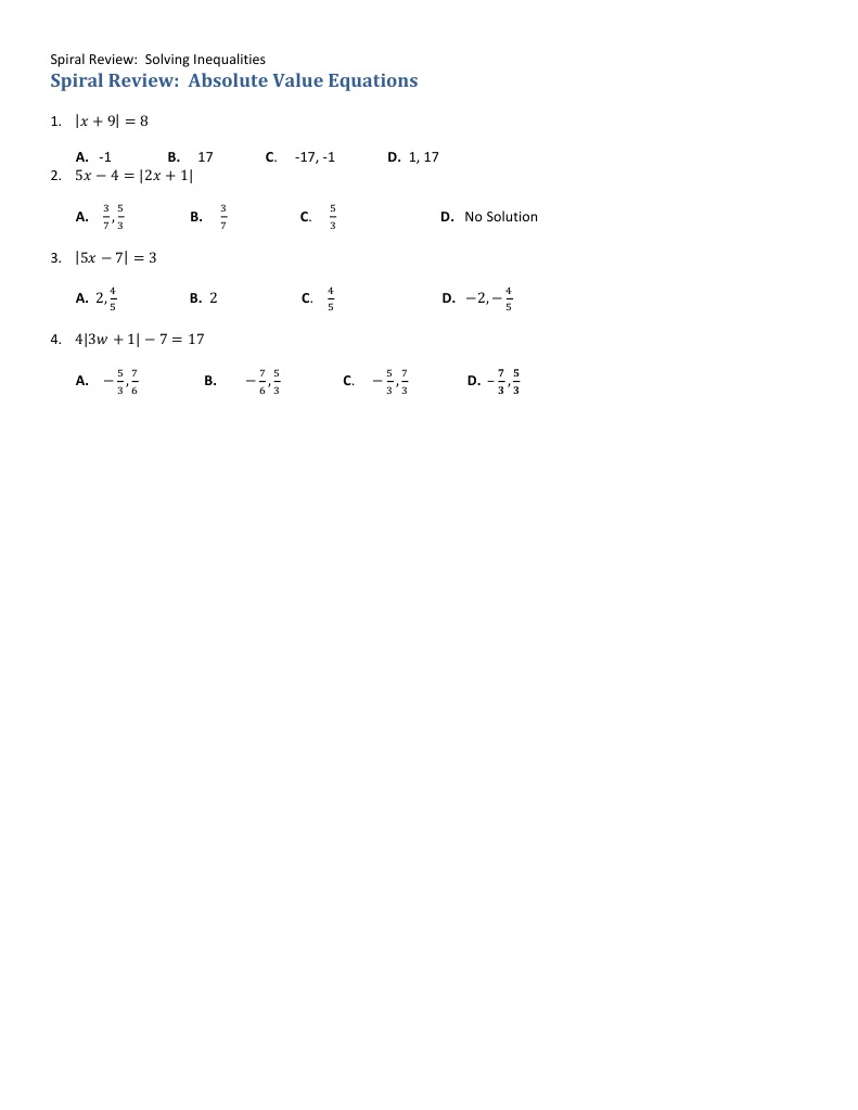 Review Absolute Value Equations | PDF