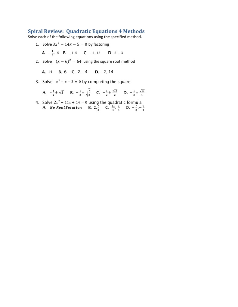Review Quadratic Equations 4 Methods | PDF