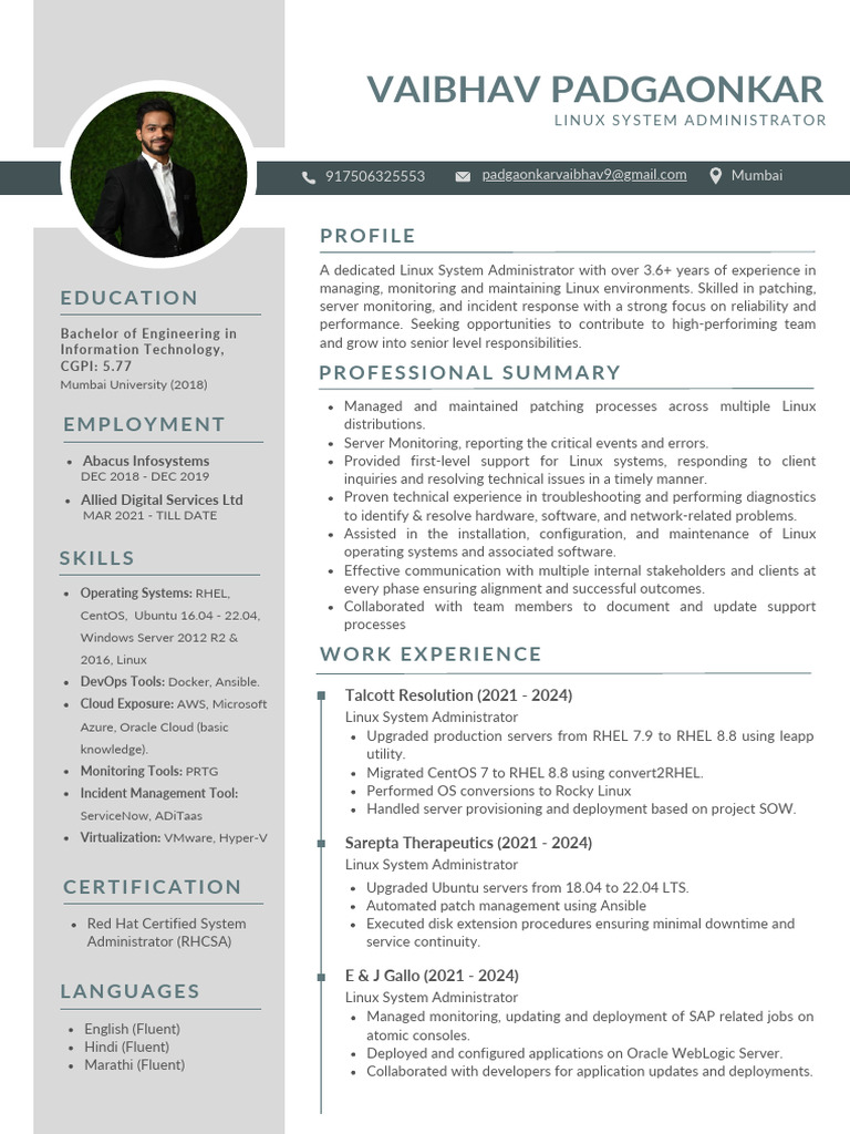 Vaibhav Gajanan Padgaonkar Resume Updated | PDF | Linux | System ...