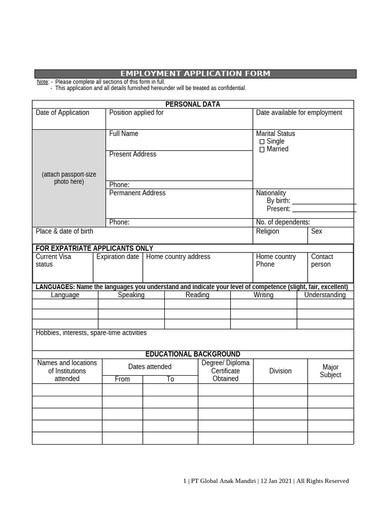 Employment Application Form (Specific Department) | PDF
