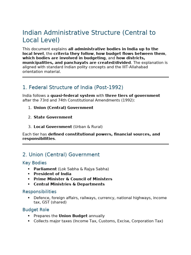 Indian Administrative Structure Till Local Level | PDF | Government Of ...