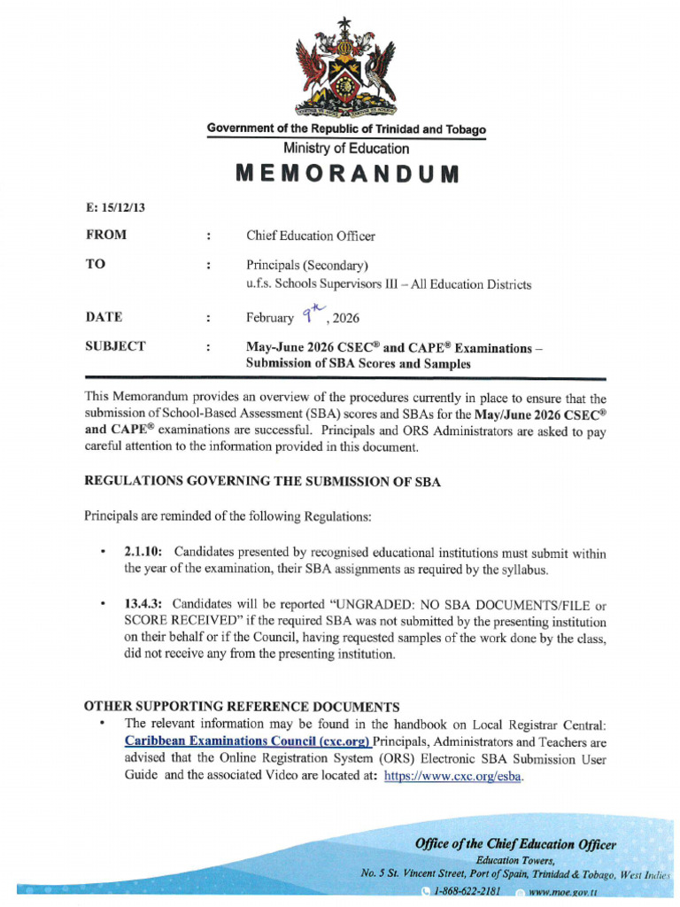 May June 2026 CSEC and CAPE Examinations Submission of SBA Scores and ...