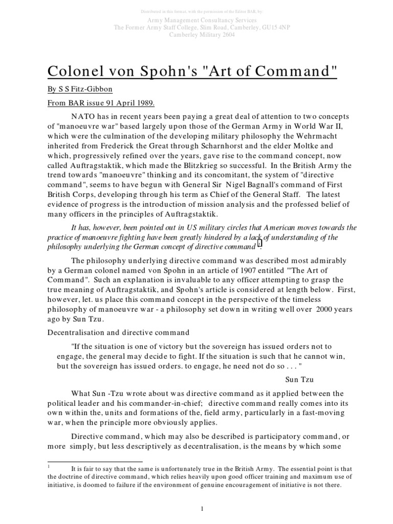 Spohn's Art of Command - BAR April 1989 | PDF | Maneuver Warfare ...