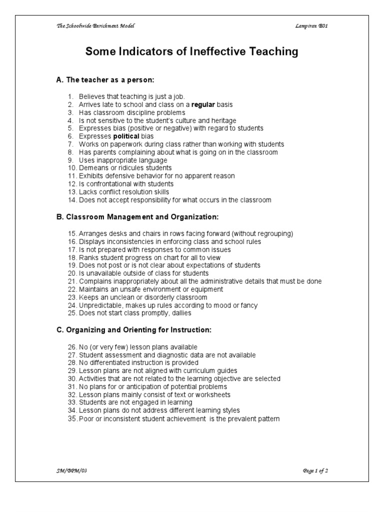 Indicators of Ineffective Teaching | PDF | Classroom | Lesson Plan