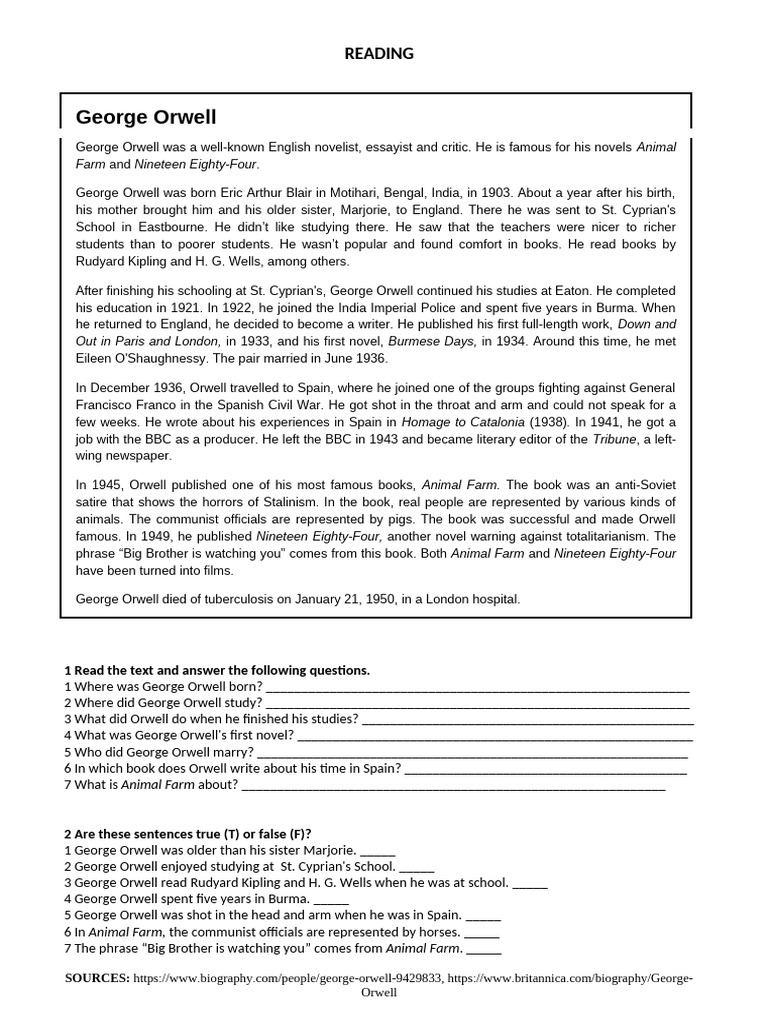 George Orwell Reading Reading Comprehension Exercises 100272 | PDF ...