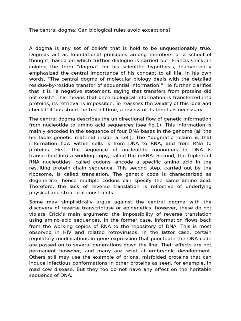 Central Dogma of Molecular Biology (Essay) | PDF | Genetic Code ...