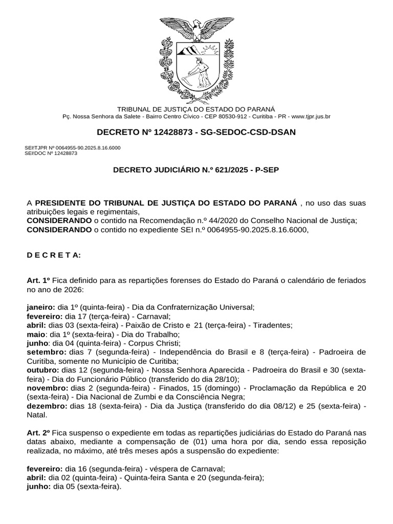 Feriados TJ-PR 2026 | PDF