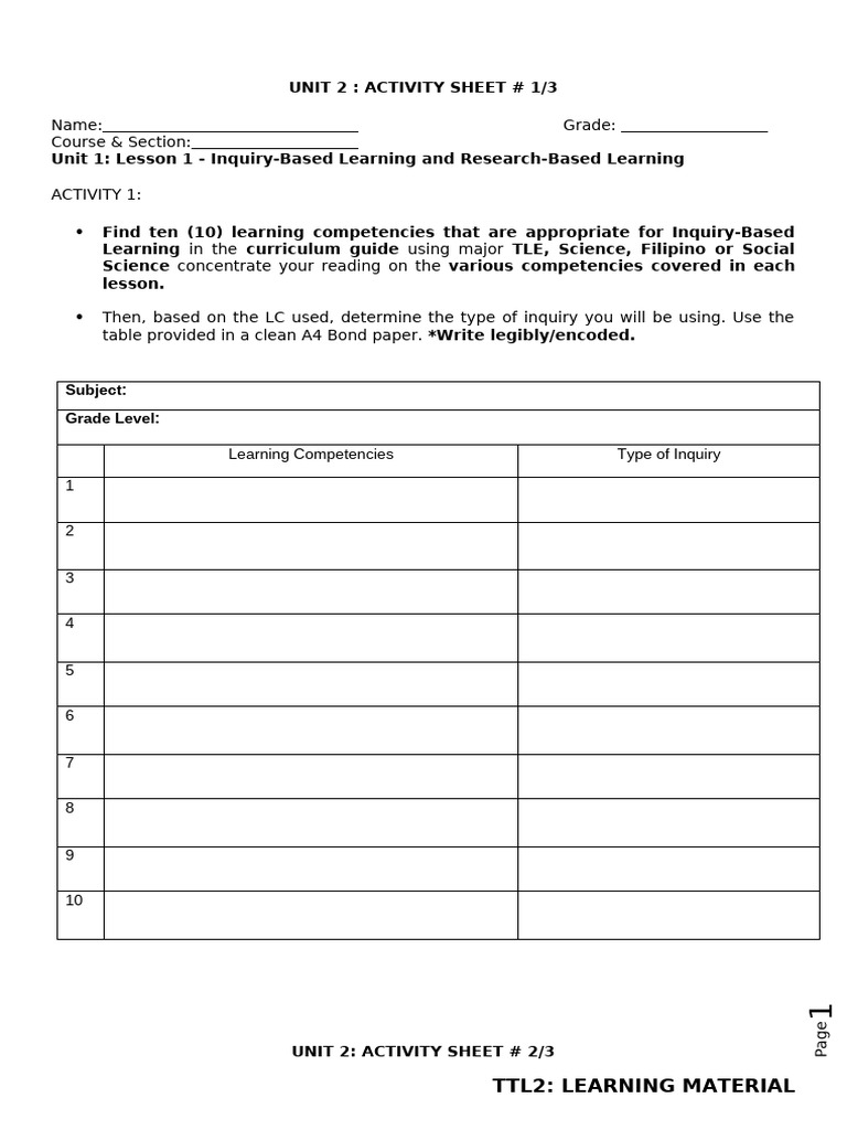 UNIT 2 - Activity Sheets | PDF | Inquiry Based Learning | Learning