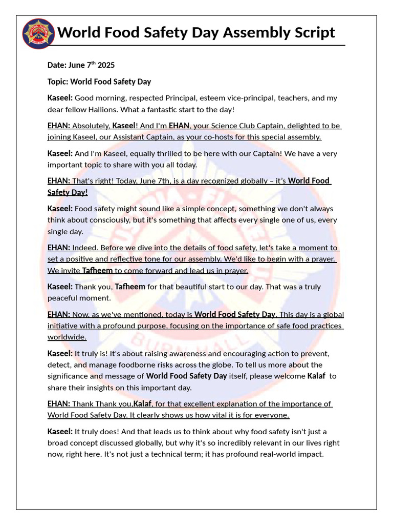 World Food Safety Day Assembly Script | PDF | Food Safety