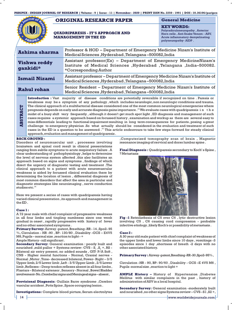 Quadriparesis - It's Approach and Management in The Ed | PDF | Spinal ...