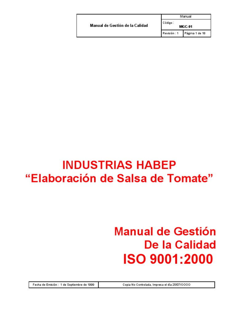Ejemplo Manual ISO 9001 - 2000 | PDF | Gestión de la calidad | Calidad ...