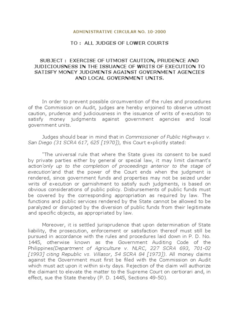 Administrative Circular No. 10-2000. Writ of Execution | PDF