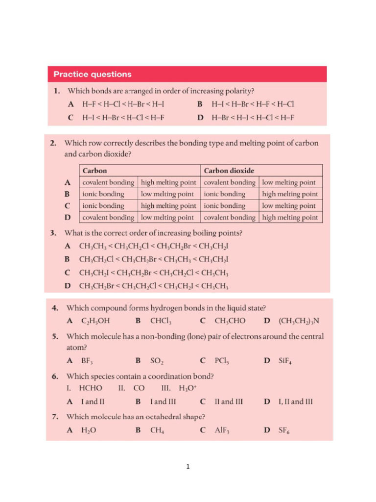 Practice Question On Models of Bonding and Structure | PDF