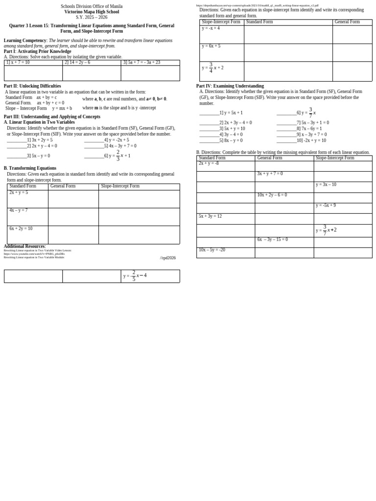 Lesson 3.20 Transforming Linear Equation in Two Variables Handout | PDF ...