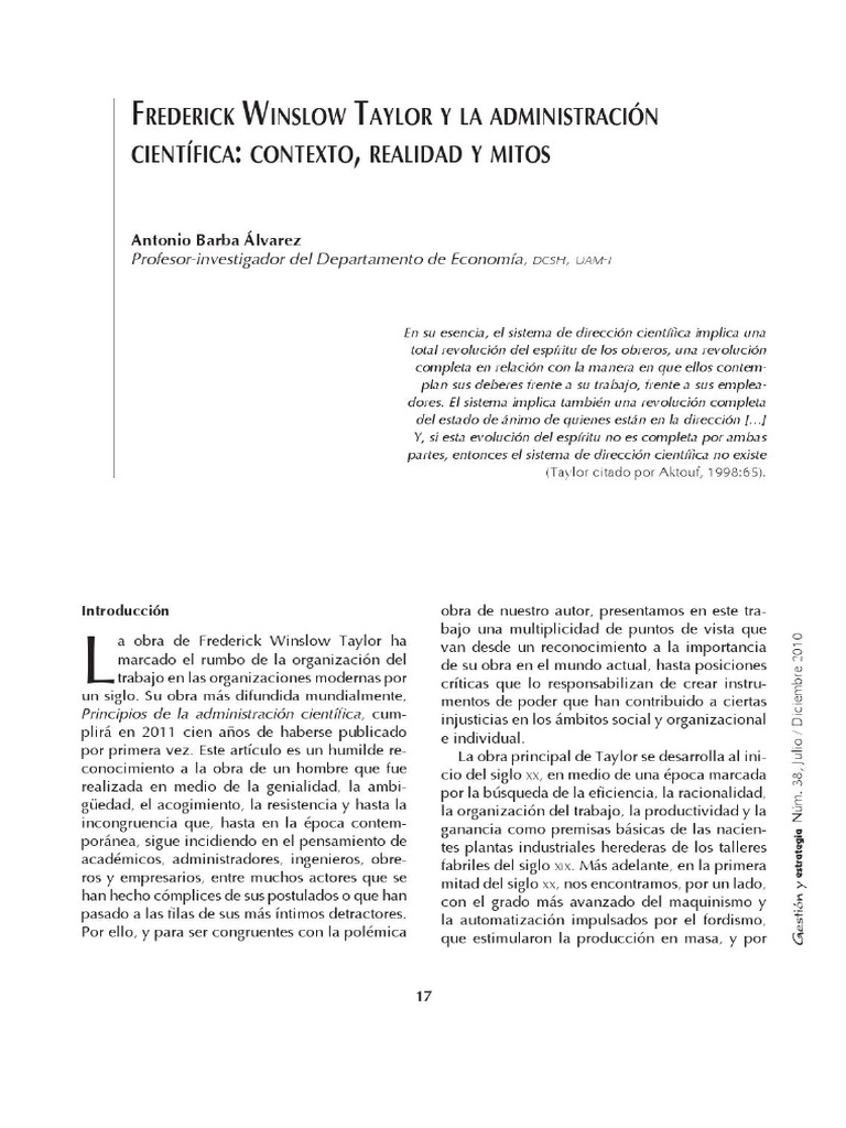 Frederick Winslow Taylor y La Administración Científica. Contexto ...