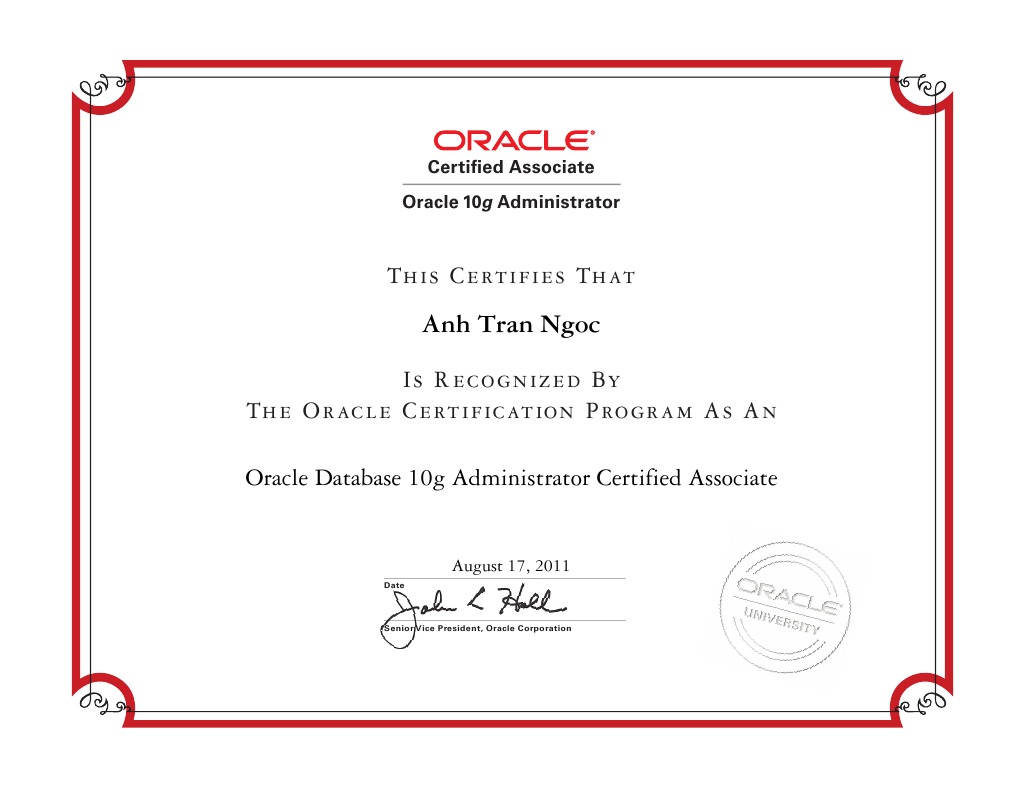 Oracle 10g Certified Associate Certificate | PDF