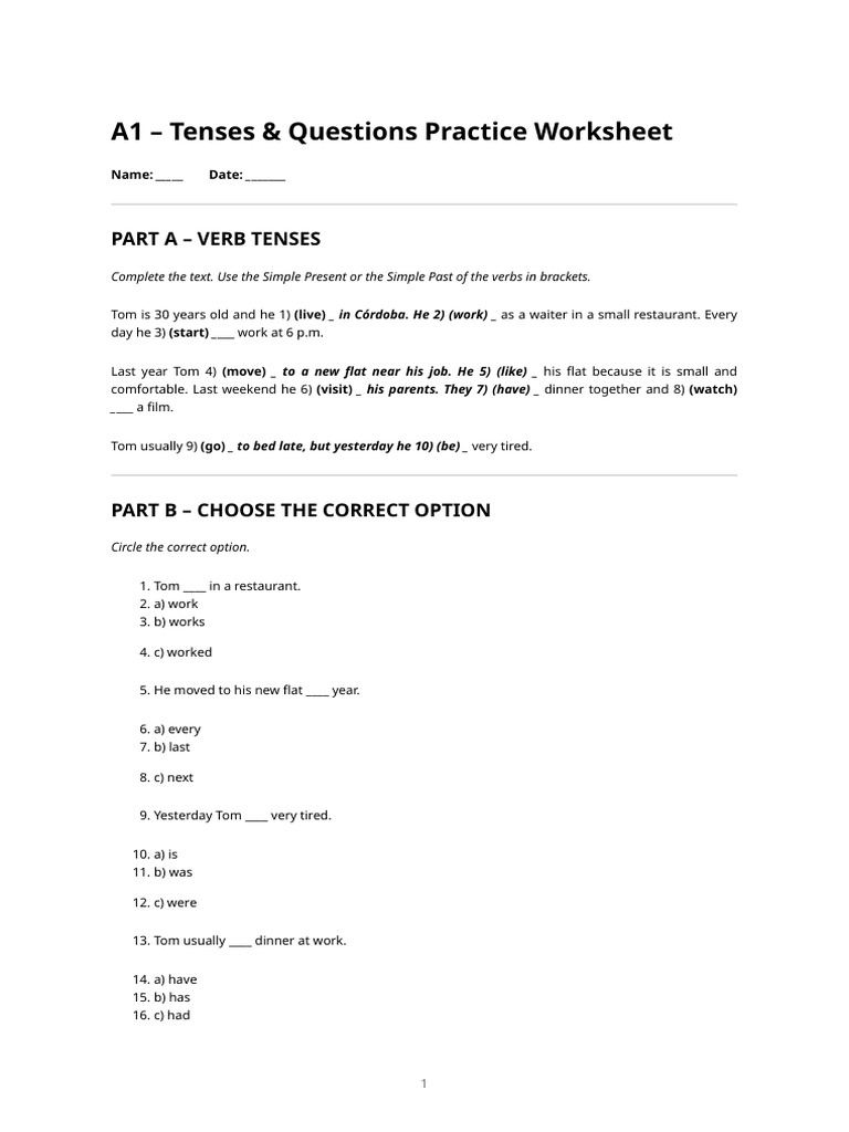 A1 Tenses & Questions – Exam Practice Worksheet | PDF