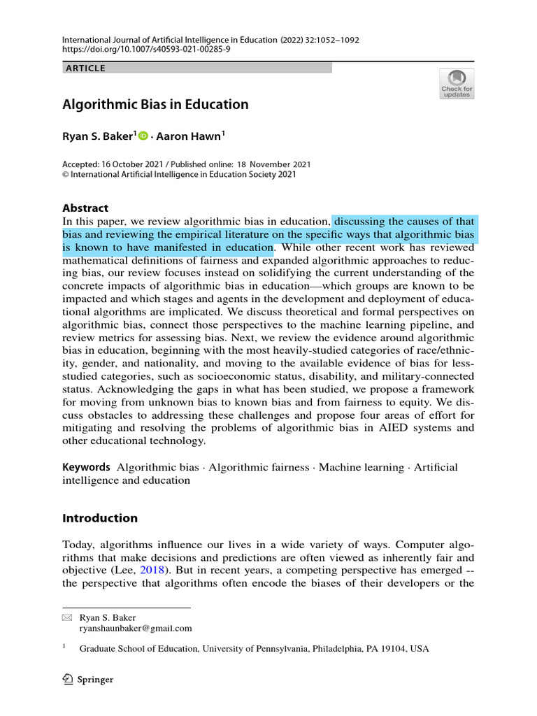 Algorithmic Bias in Education | PDF | Machine Learning | Cognition
