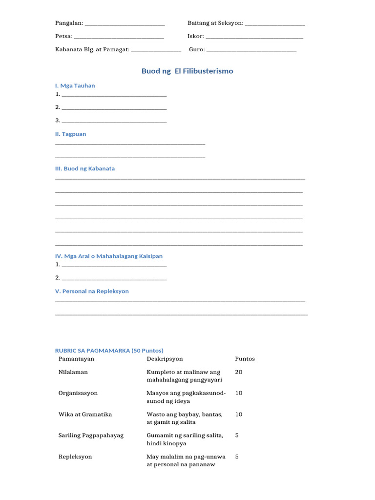 Format Sa Pagbubuod Ng El Filibusterismo | PDF