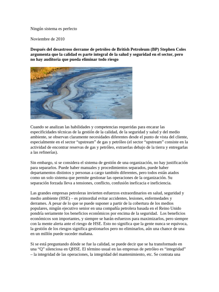 Ningún Sistema Es Perfecto - Caso BP Disaster Noviembre 2010 | PDF ...