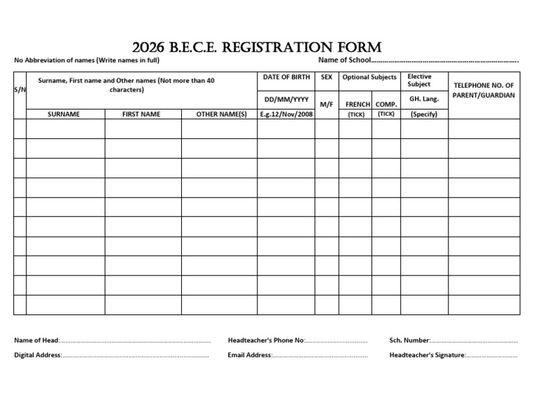 2026 Bece Registration Template | PDF