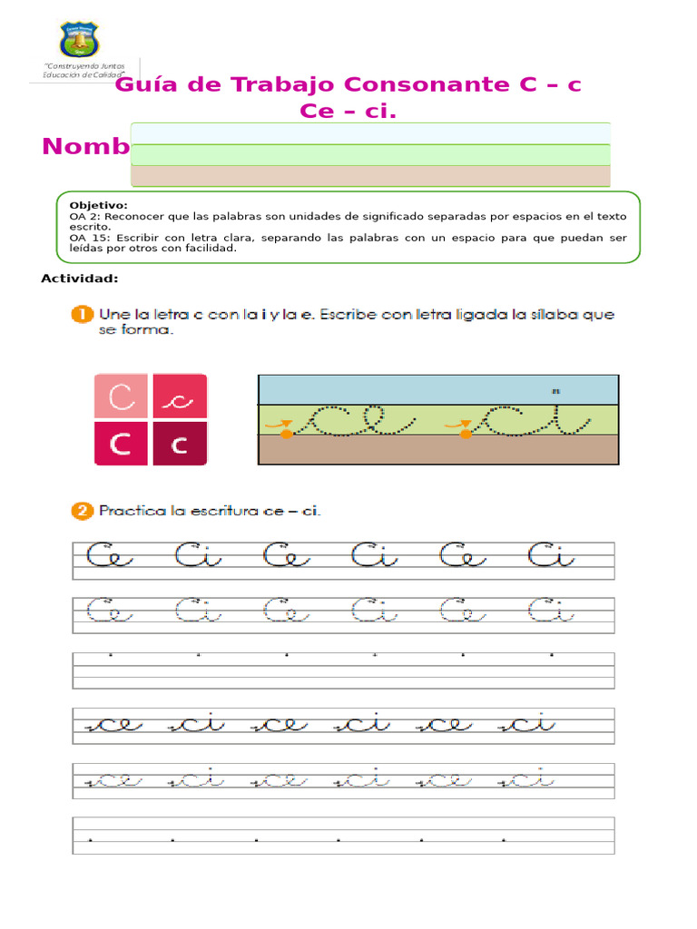 Guía de Trabajo N°7 Consonante C ce ci | PDF