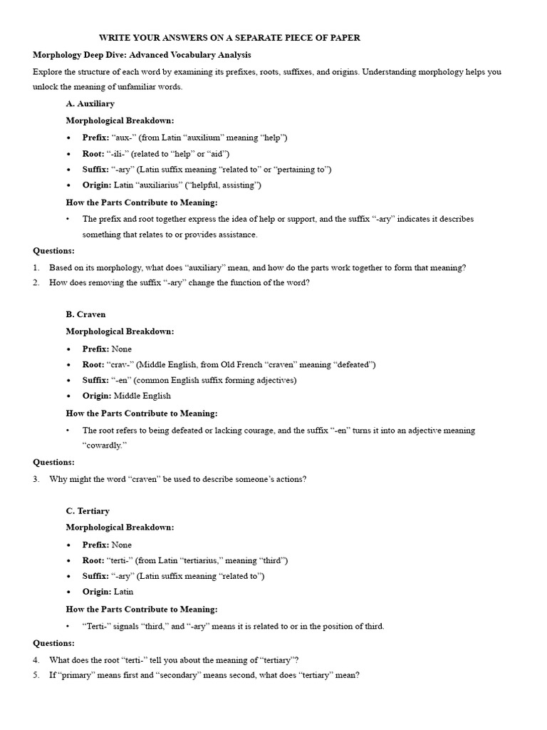 9th Grade Morphology Worksheet Analyzing Advanced Vocabulary Roots and ...