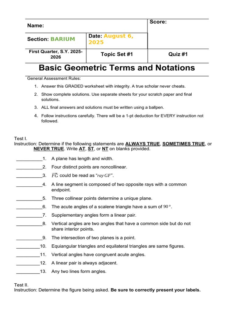 Math 3 Assessment Q1 Topic 1 Quiz 1 S.Y. 2025 2026 | PDF | Line ...