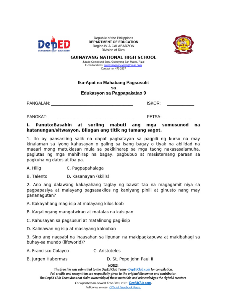 DTC - PT - Q4 - ESP 9 MELC With TOS Key v2 | PDF