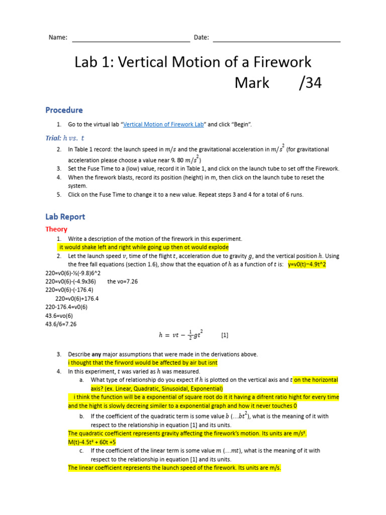 Lab 1-Vertical Motion of Firework SV | PDF | Quadratic Equation | Gravity