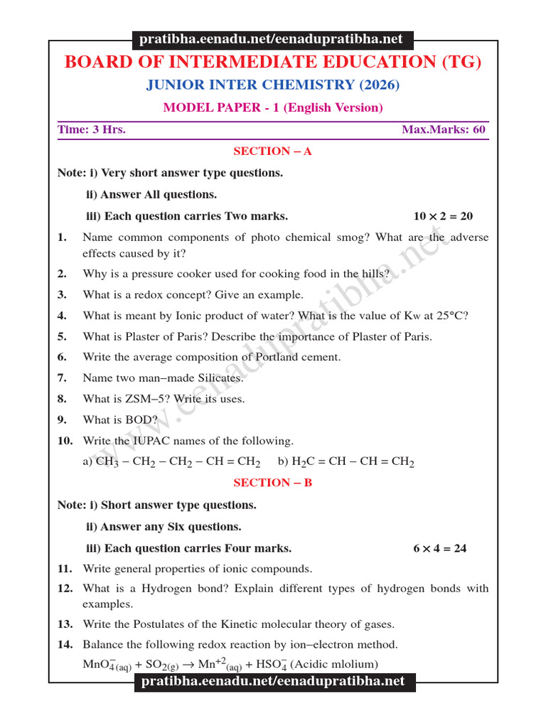 TS 1ST&2ND Year Chemistry Model Papers 2026 | PDF | Chemical Bond ...