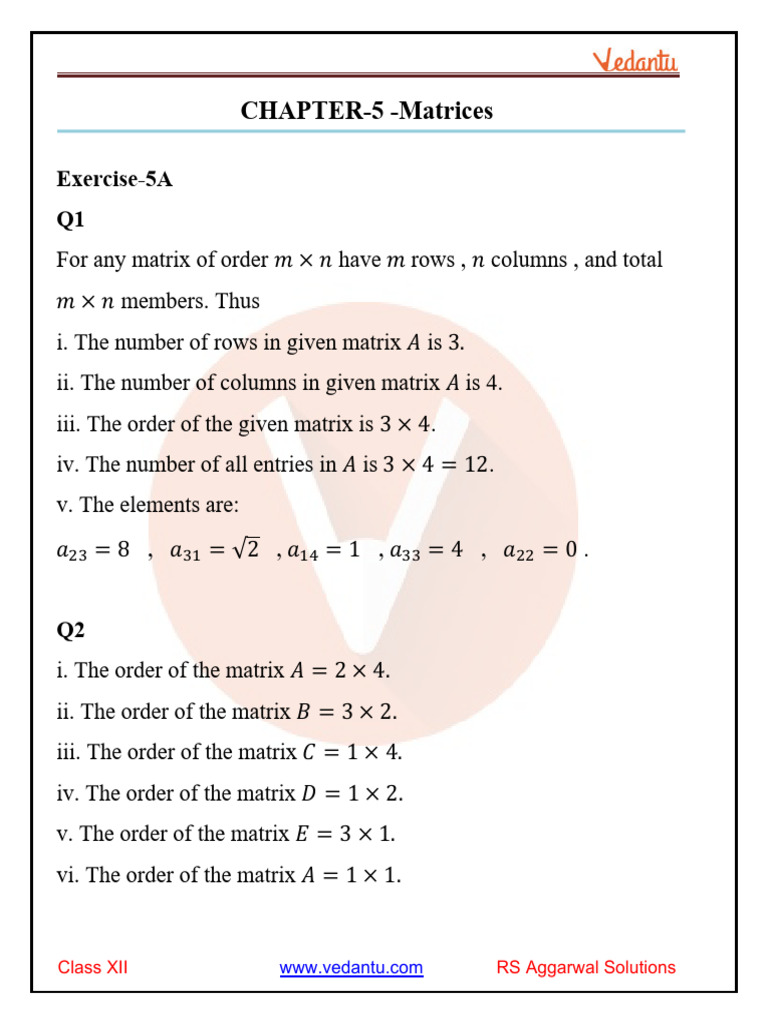 RS Aggarwal Class 12 Solutions Chapter-5 Matrices | PDF | Matrix ...