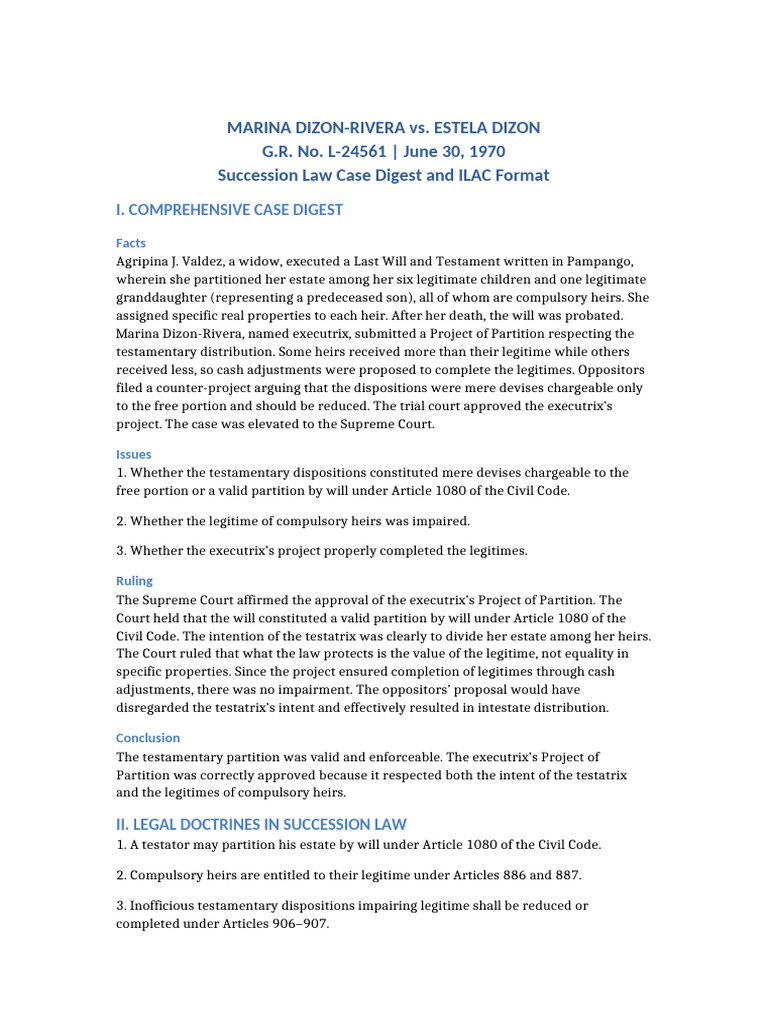 Marina Dizon Rivera Vs Estela Dizon Succession Case Digest ILAC | PDF ...