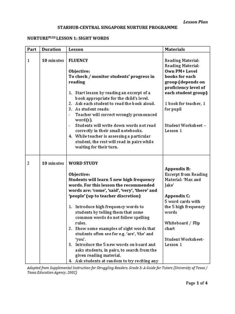 Lesson 1 - Sight Words | PDF | Lesson Plan | Reading (Process)