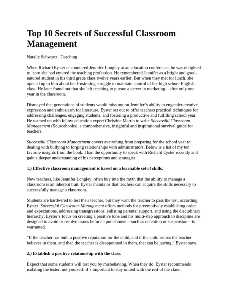 Top 10 Secrets of Successful Classroom Management | PDF | Teachers ...