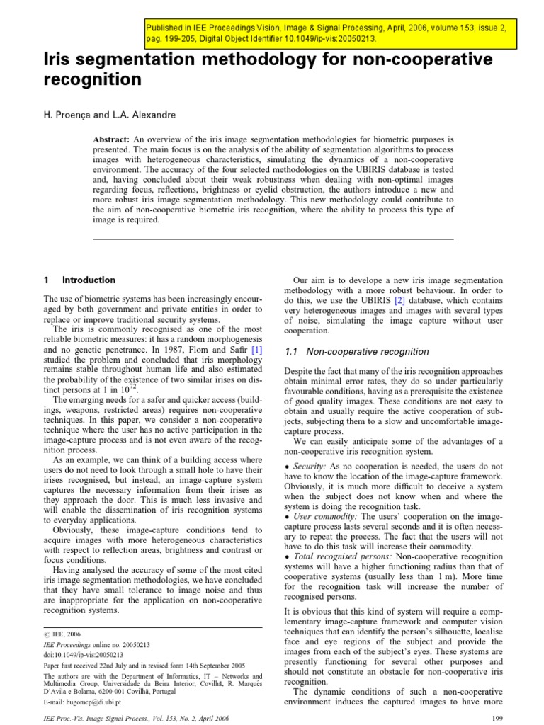 Iris Segmentation Methodology For Non-Cooperative Recognition | PDF | Image Segmentation ...