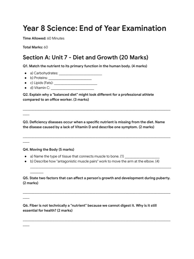 Year 8 Science Examination 7-9 | PDF | Nutrients | Magnesium