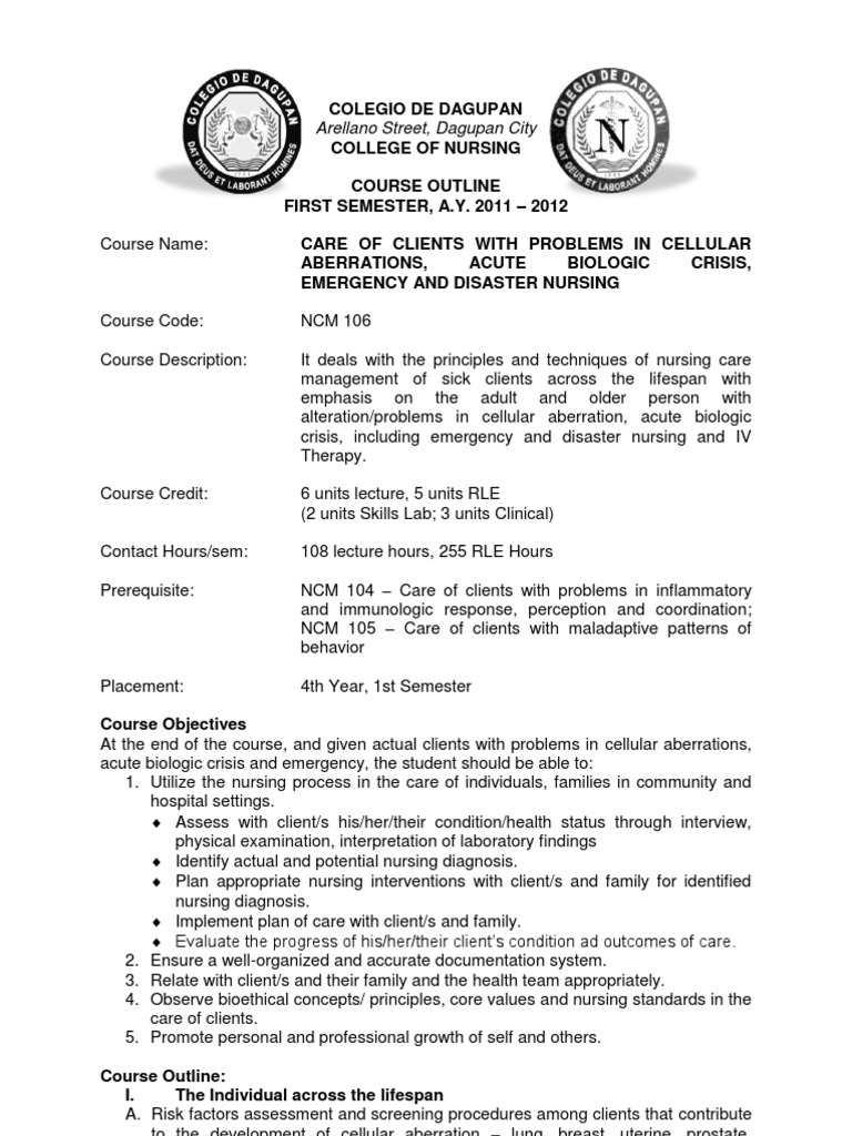 NCM 106 Course Outline | PDF | Nursing | Cancer
