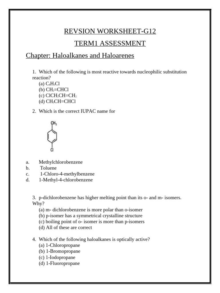 REVISION WORKSHEET-G12-Haloalknes and Haloarenes | PDF | Organic ...