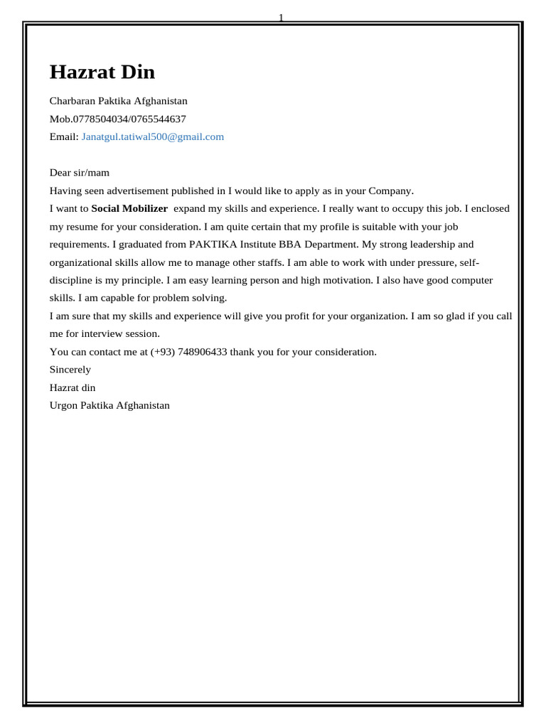 Hazrat Din CV For Social Mobilizer With IMC Organization | PDF | Computing