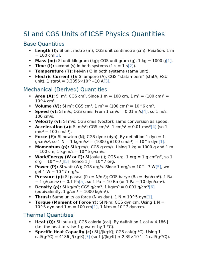 SI and CGS Units of ICSE Physics Quantities | PDF | International ...