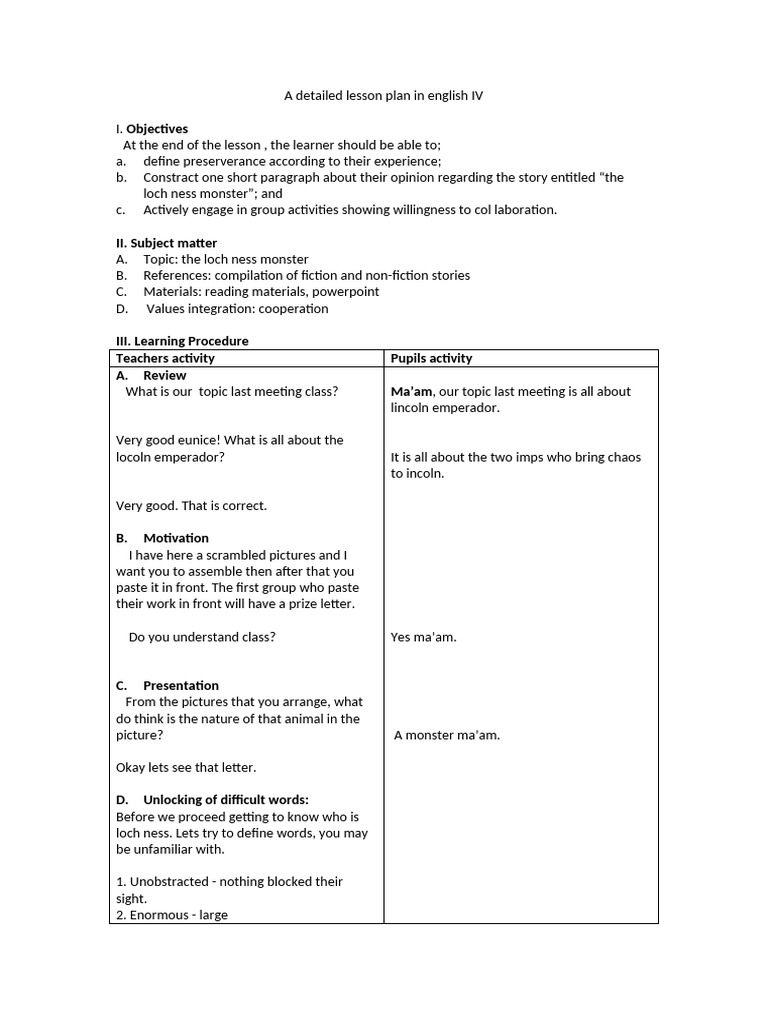 A Detailed Lesson Plan in English IV - Duplicate | PDF | Loch Ness ...