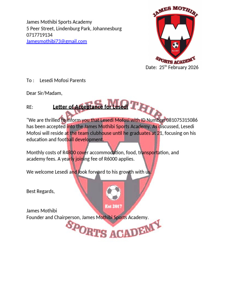 James Mothibi Sports Academy (Letter of of Acceptance For Lesedi) 25 ...
