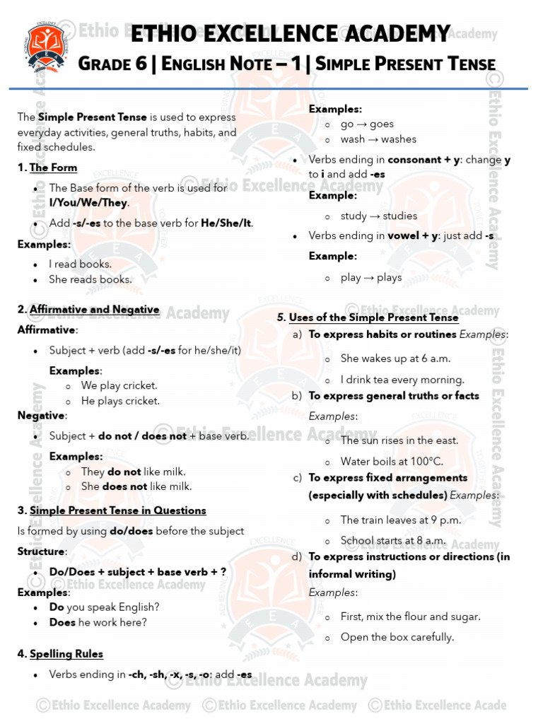 G6 English Note 1 - Simple Present Tense | PDF | English Language | Verb