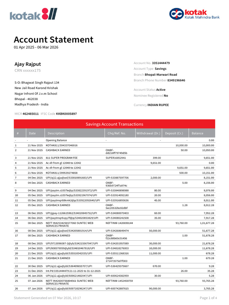 AccountStatement 01 Apr 2025 06 Mar 2026 | PDF | Banks | Transaction ...