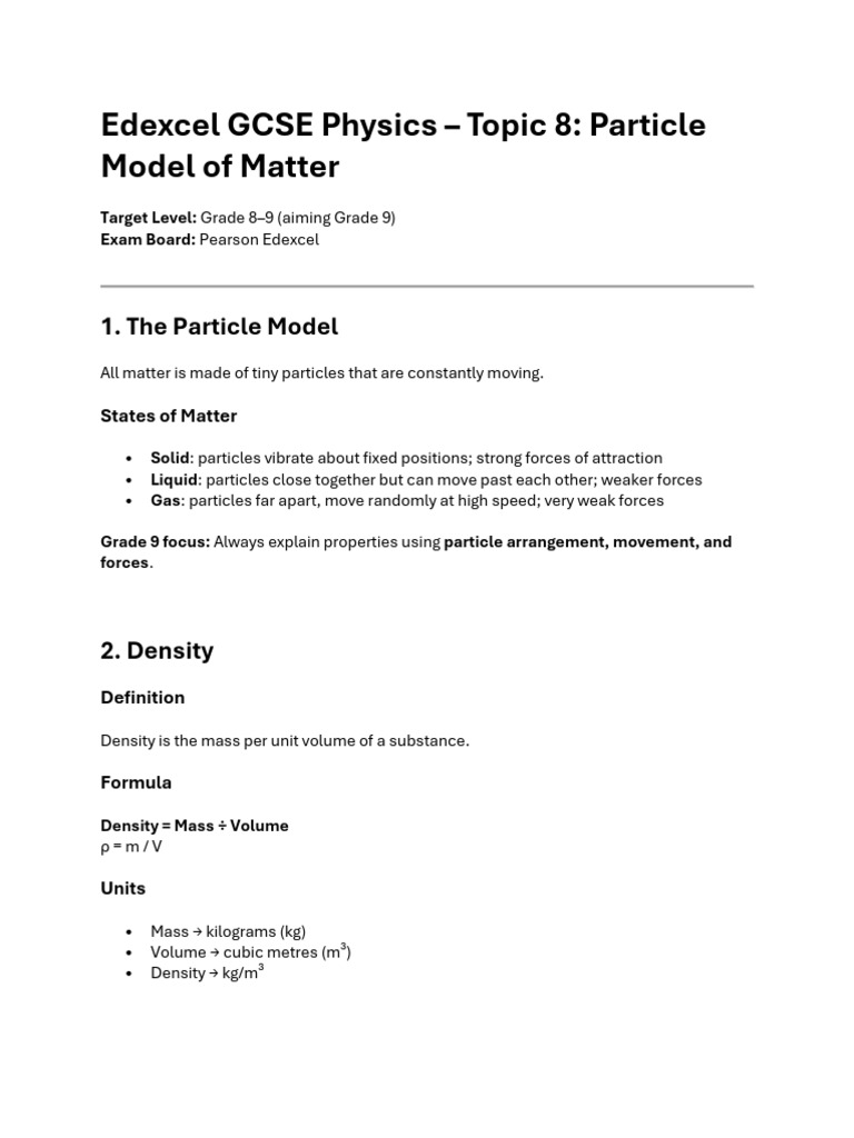 Topic 8 - Particle Model of Matter | PDF | Gases | Density