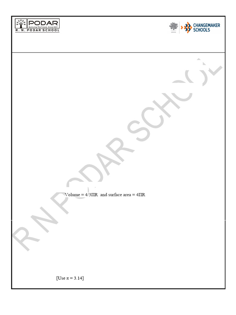 QB - Grade-9 Surface Area and Volume 2025 - 26 | PDF | Sphere | Area