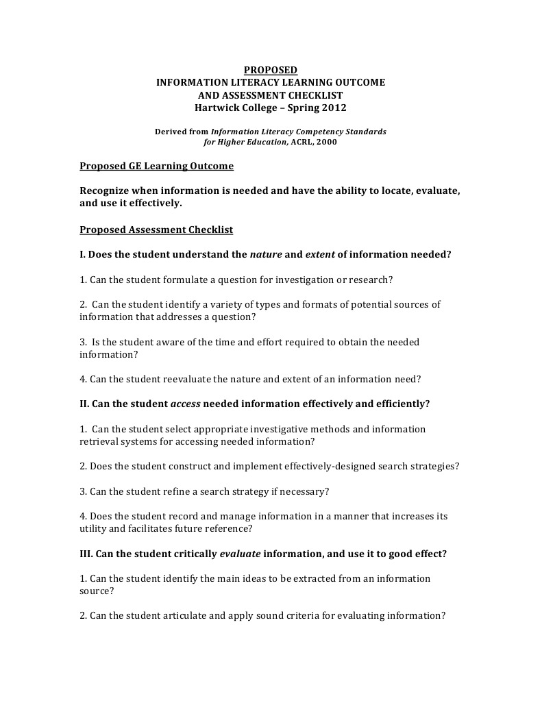 Information Literacy Assessment Checklist | PDF | Career & Growth ...