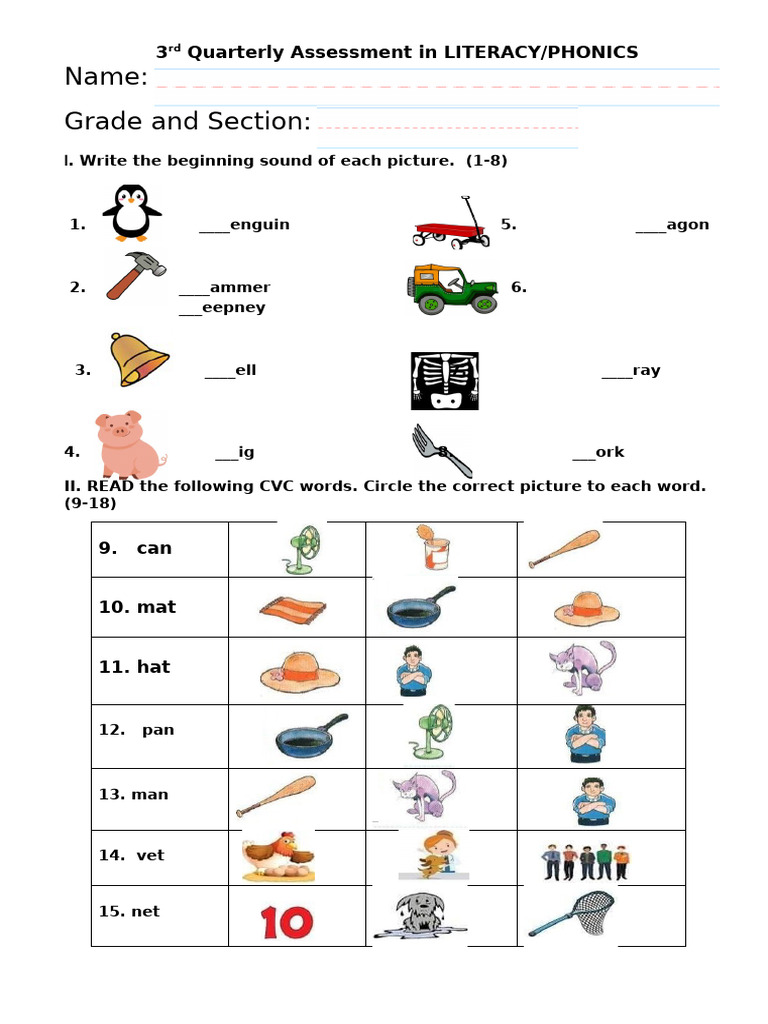 New Third Quarterly Assessment in Phonics | PDF
