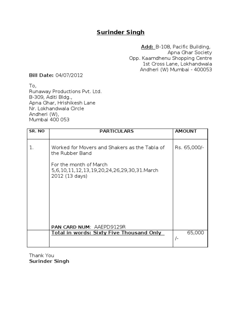 Invoice for Tabla Services - March 2012 | PDF | Travel